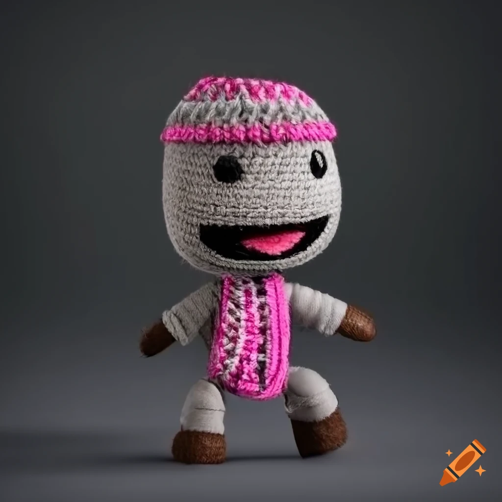 Jumping pink and grey medieval sackboy doll