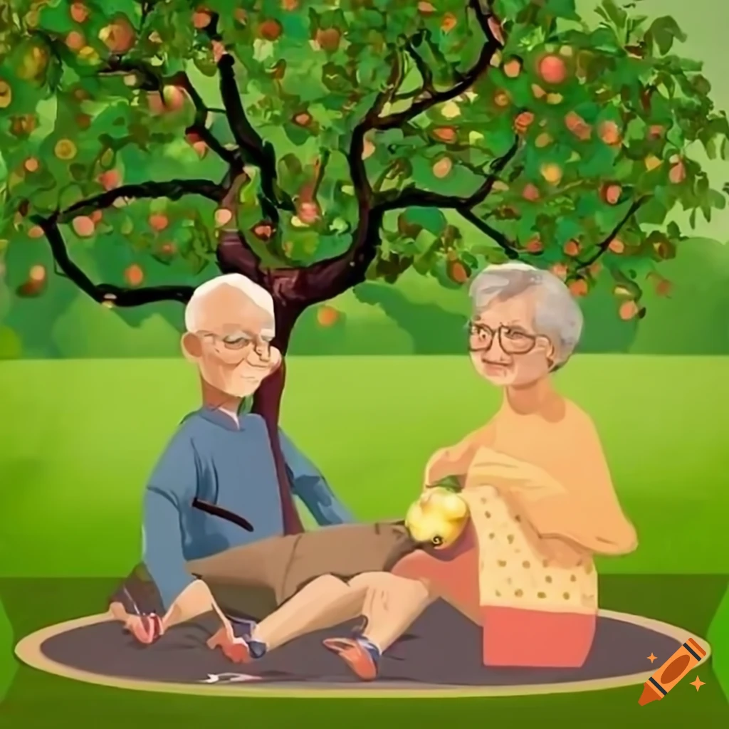 Elderly couple sitting next to an apple tree in the park