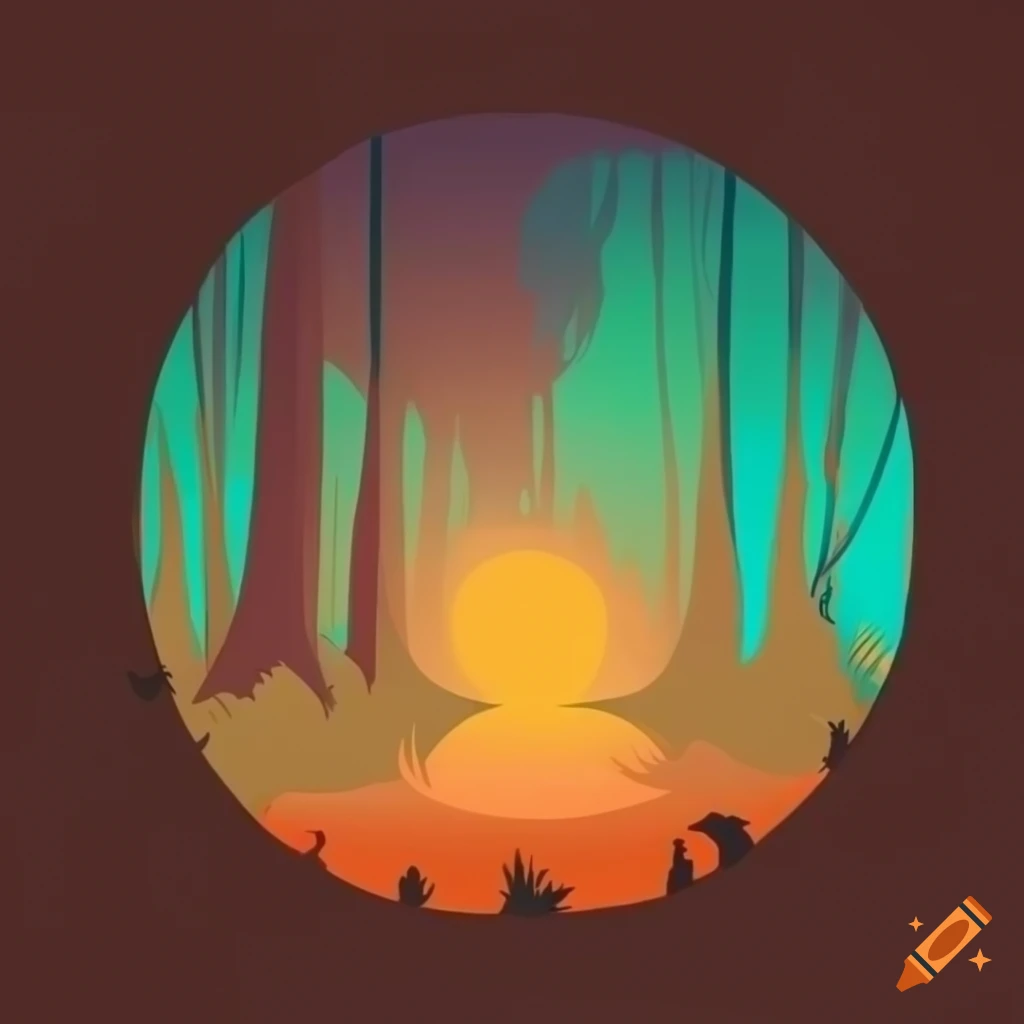 Minimalist cartoon of a forest with colorful mist