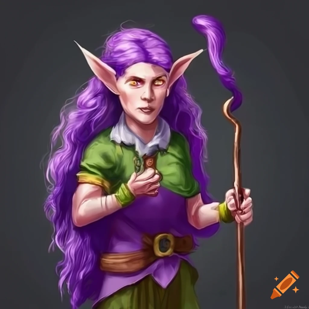Elf with purple hair and wizard accessories