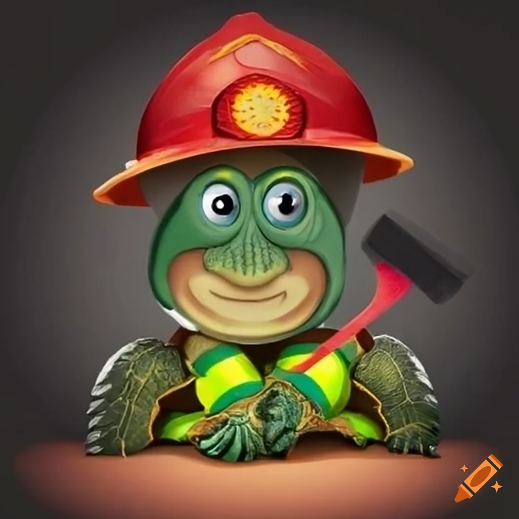Funny picture of a turtle in fireman's gear with a fly swatter on Craiyon