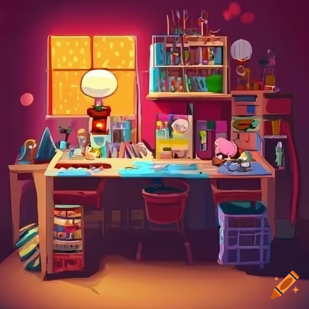 Cartoon illustration of a messy craft room