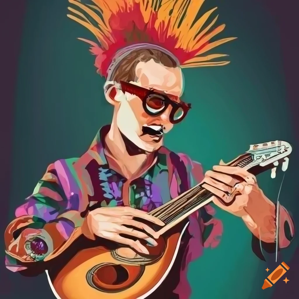 Illustration of a man playing mandolin with a brown mohawk on Craiyon