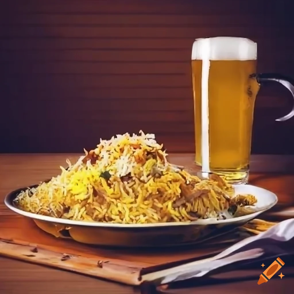 Indian restaurant table with biryani and beer on Craiyon
