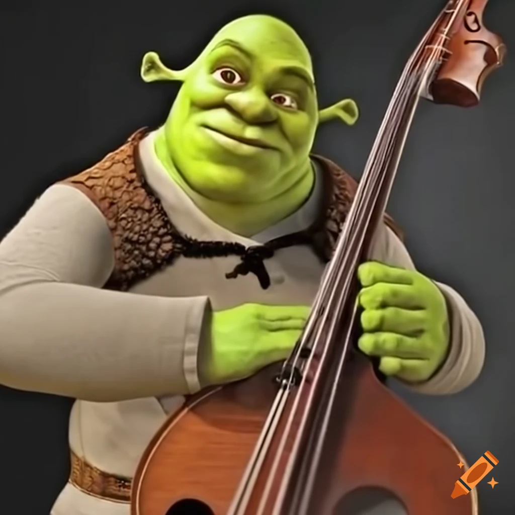 Shrek playing upright bass in a jazz band on Craiyon