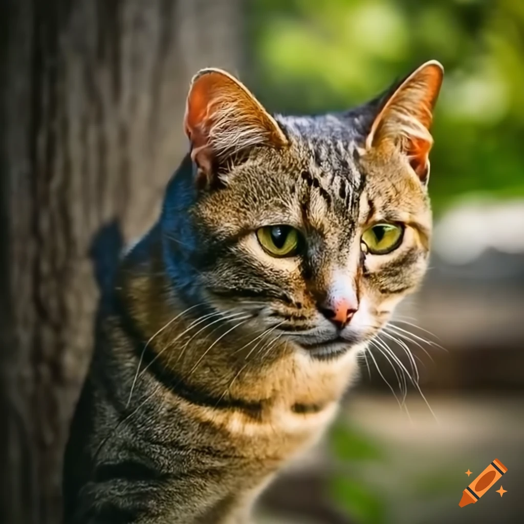 Cat sitting between trees