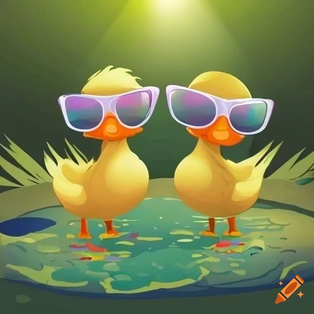 Cartoon of two ducks with sunglasses by a pond