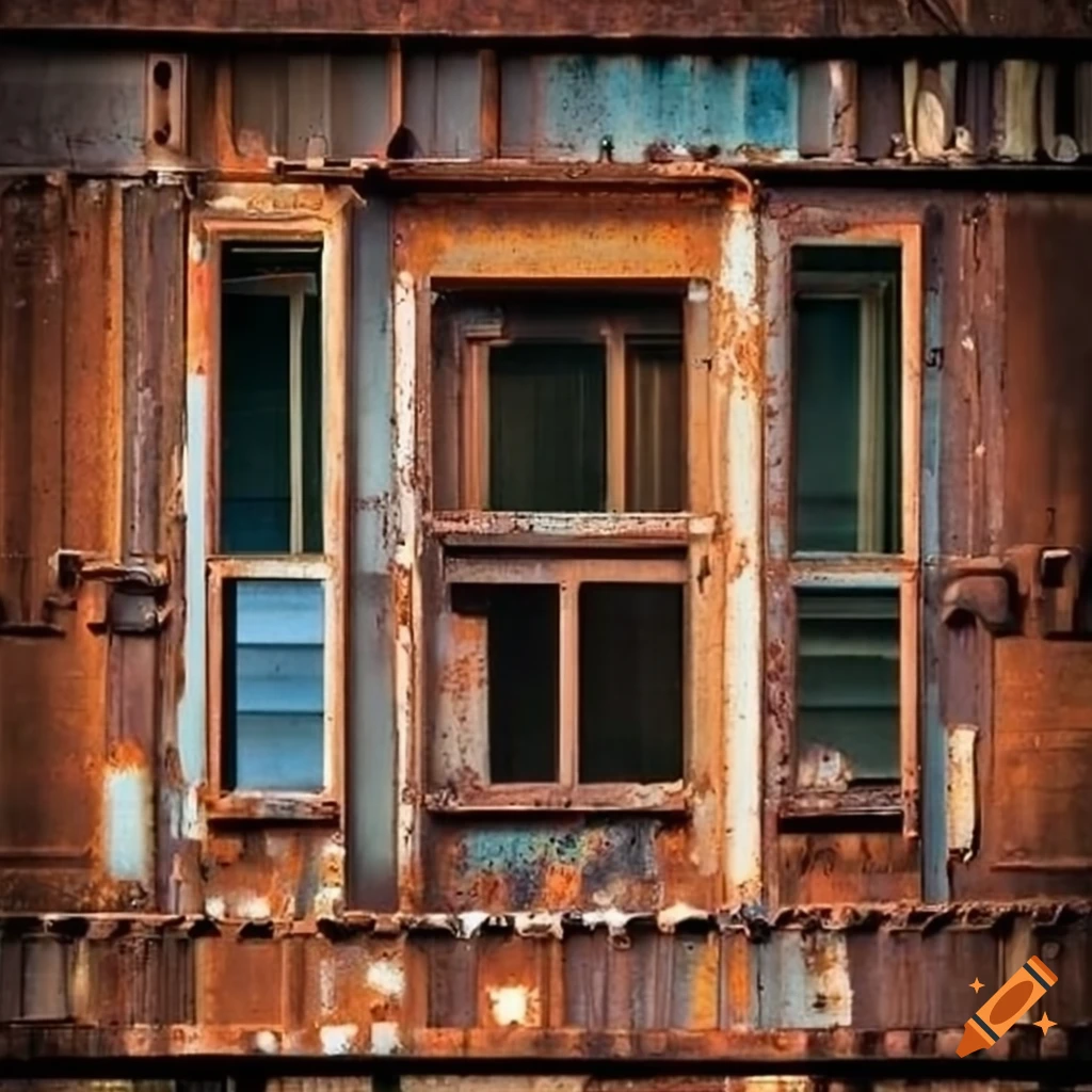 Artistic depiction of rusted metal house with many windows
