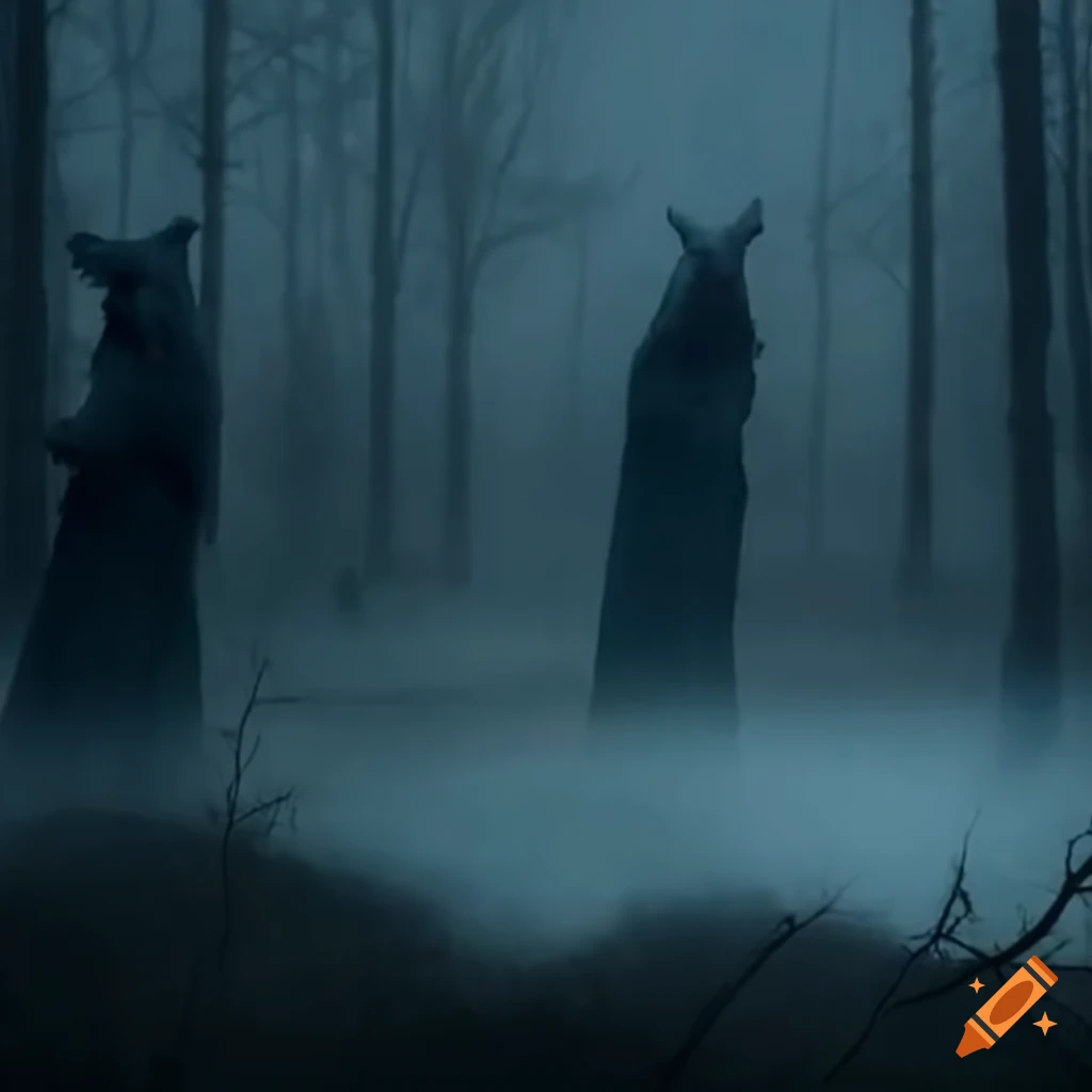 Artwork of mysterious figures wearing animal masks in mist