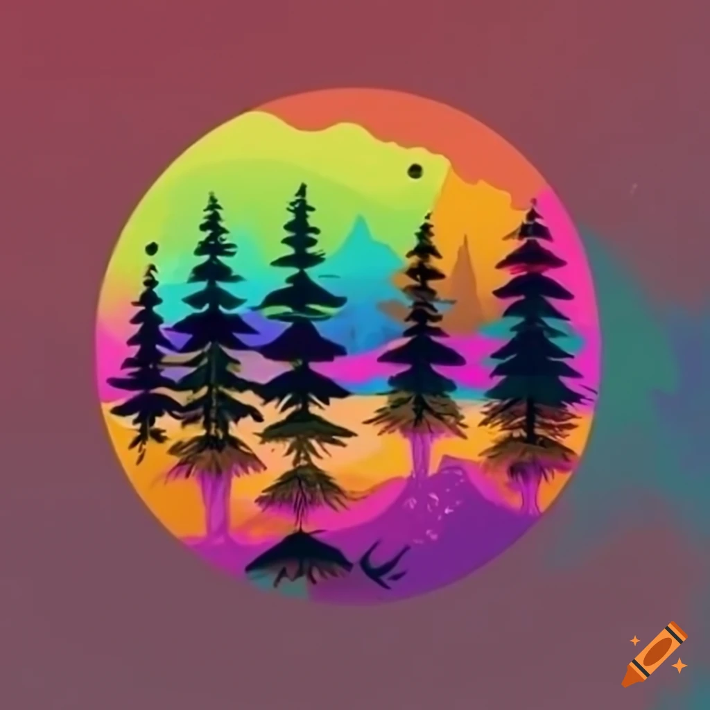 Painting of a minimalist black forest with colorful mist on Craiyon