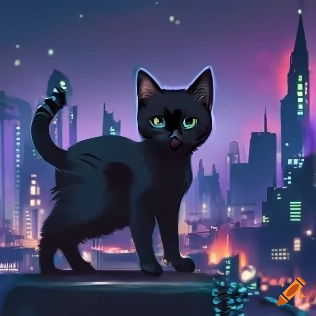 Digital art of a cute black cat exploring a city at night