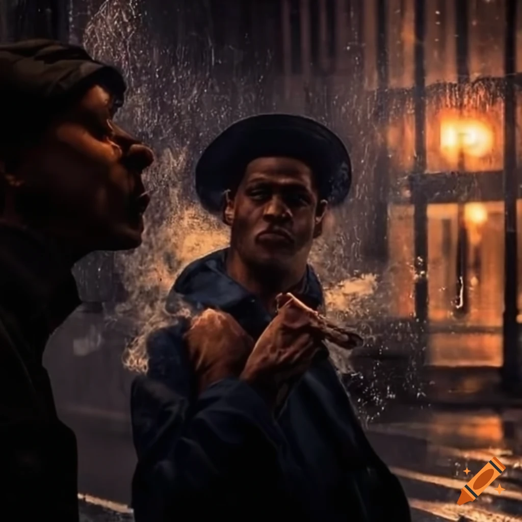 Noir scene of men hanging out and smoking on a stoop on Craiyon