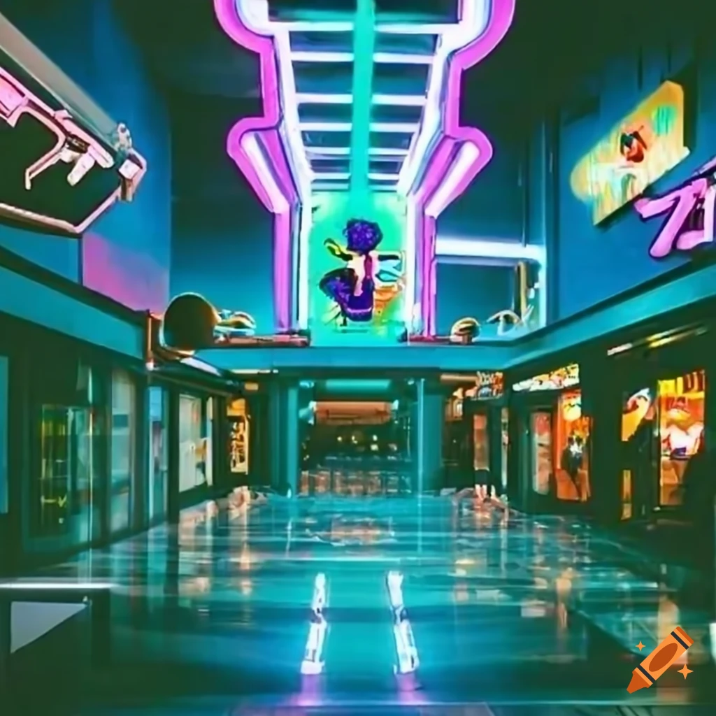 Neon lights illuminating a 90s mall interior on Craiyon