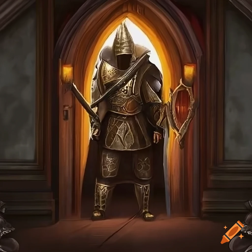 Fantasy guards protecting a mysterious door