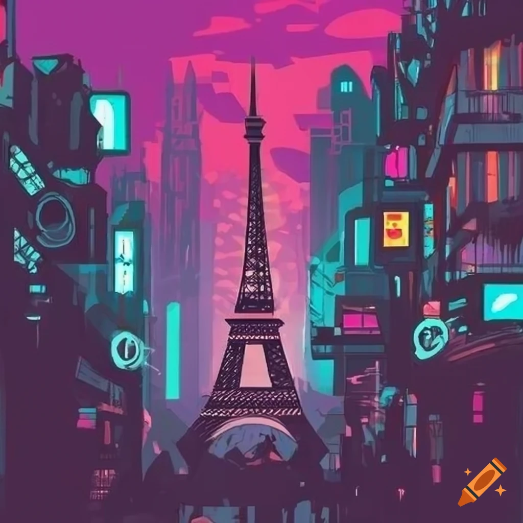 Cyberpunk illustration of Paris with the Eiffel Tower on Craiyon