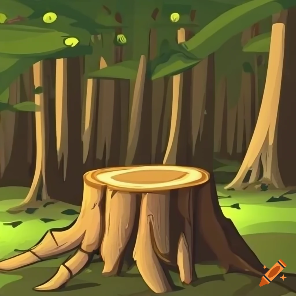 Cartoon image of a tree stump in the forest