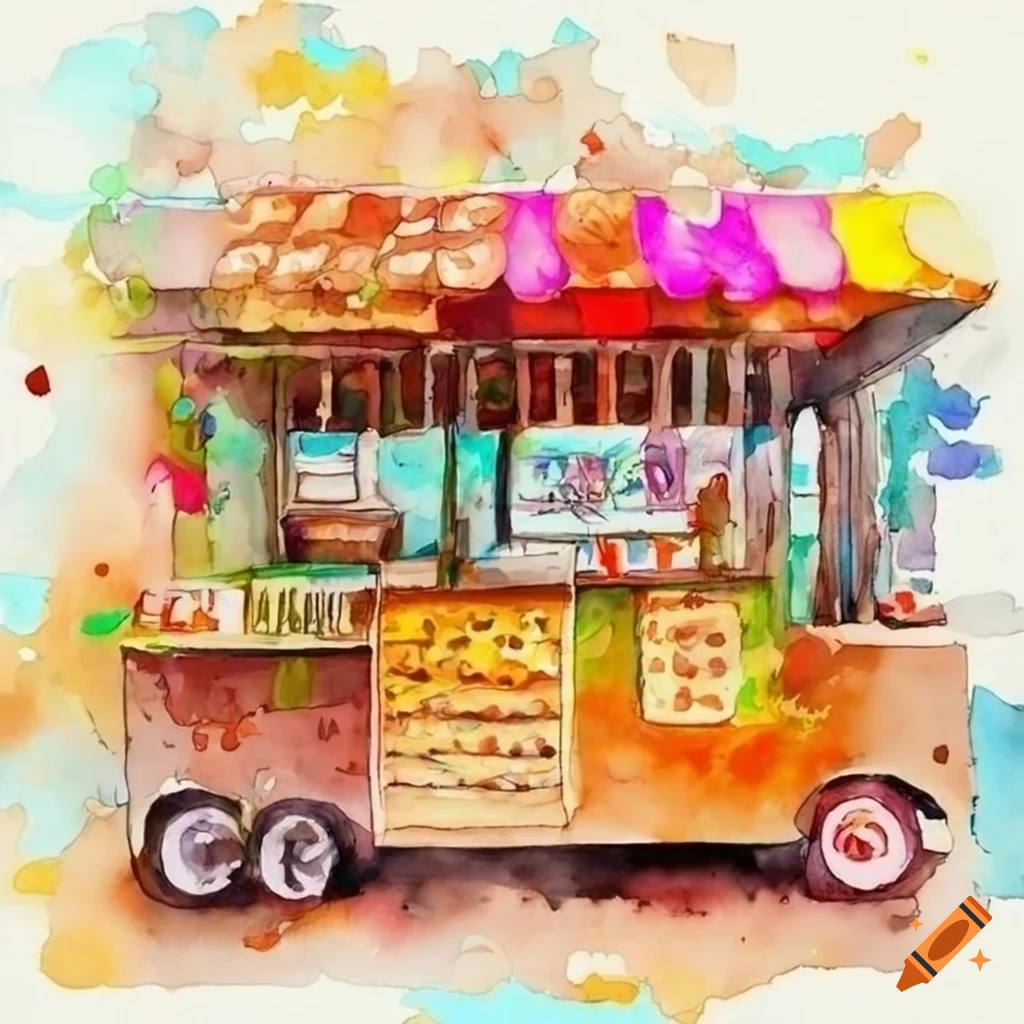 Watercolor painting of a food truck selling burgers