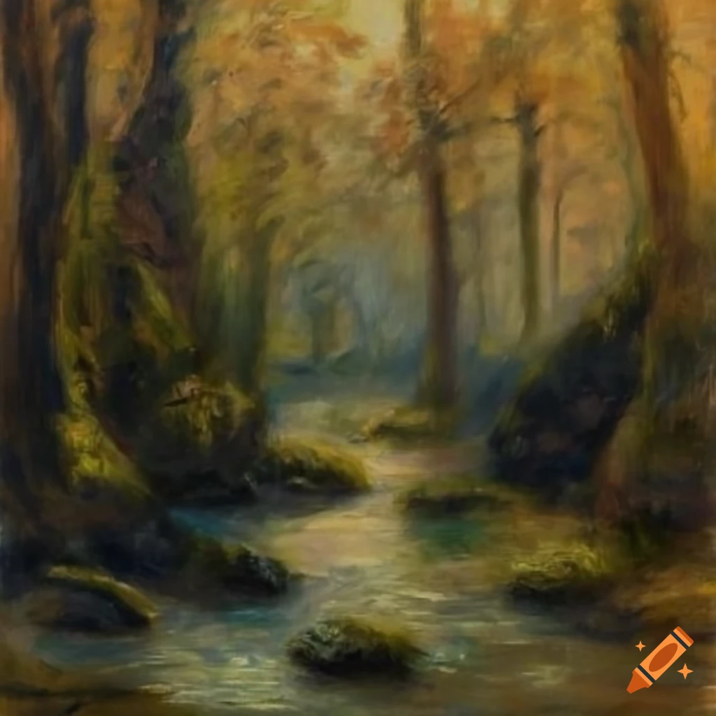 Oil painting of misty forest with mossy stones