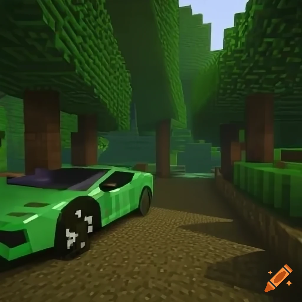Minecraft villager driving a green sports car