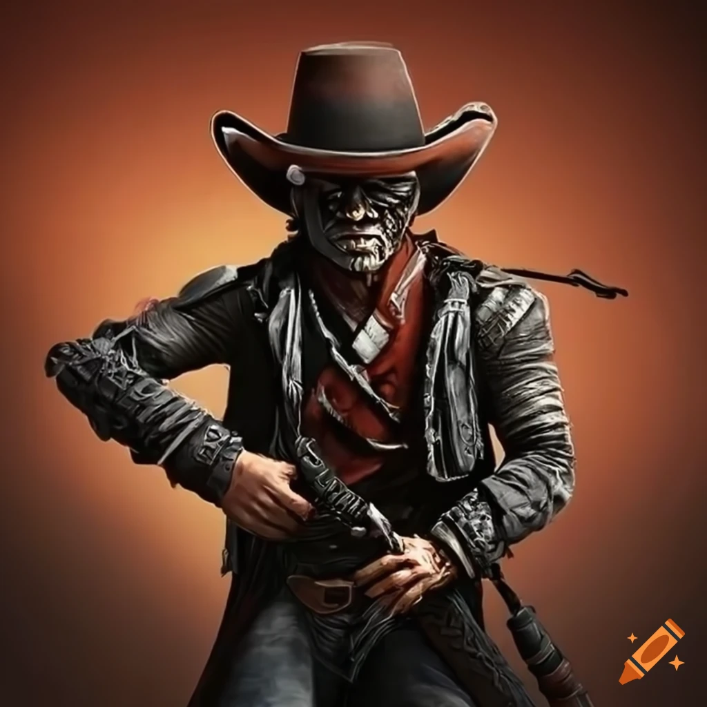 Hyperrealistic artwork of a cowboy biker with a gun