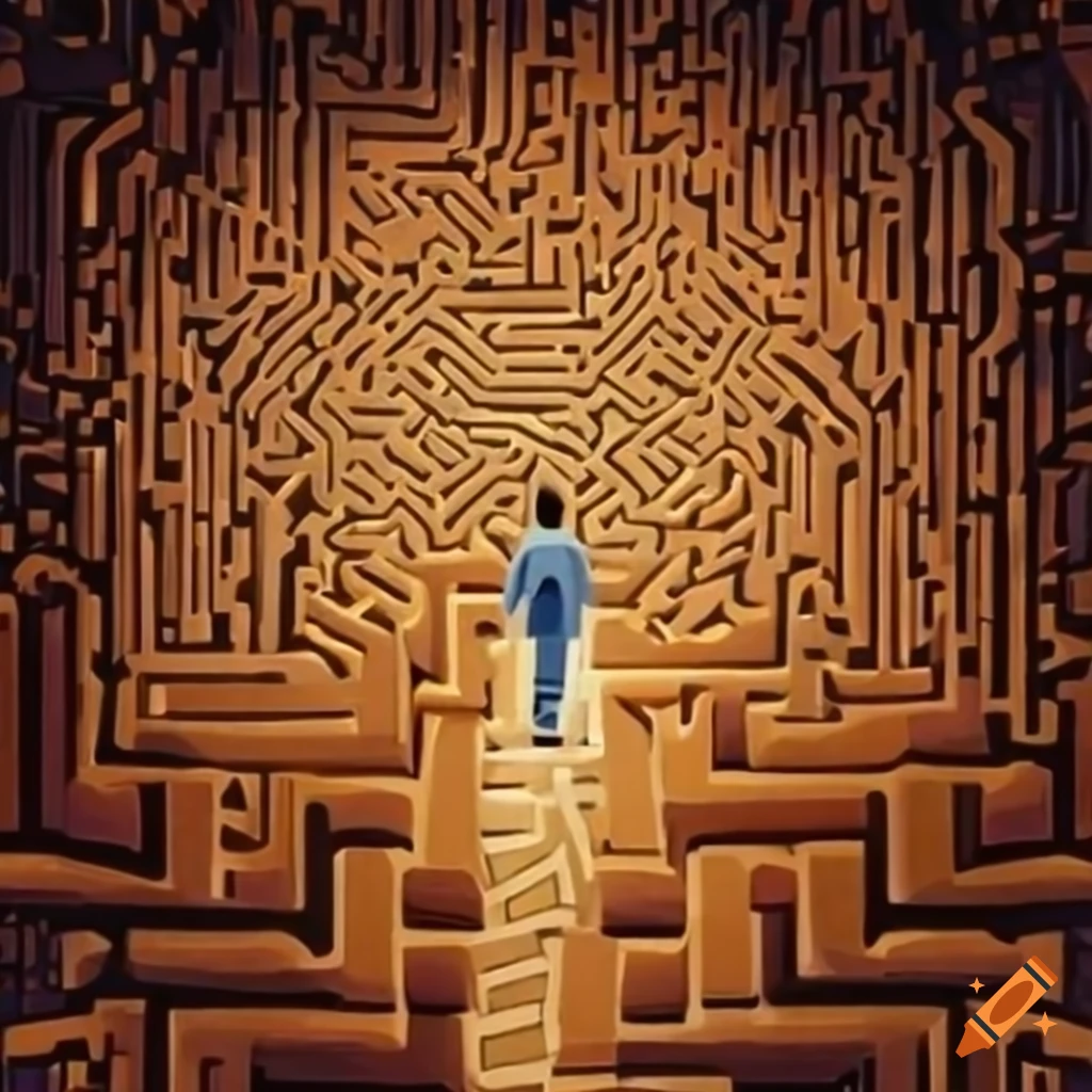 Mosaic painting of a crowd in a dusty maze