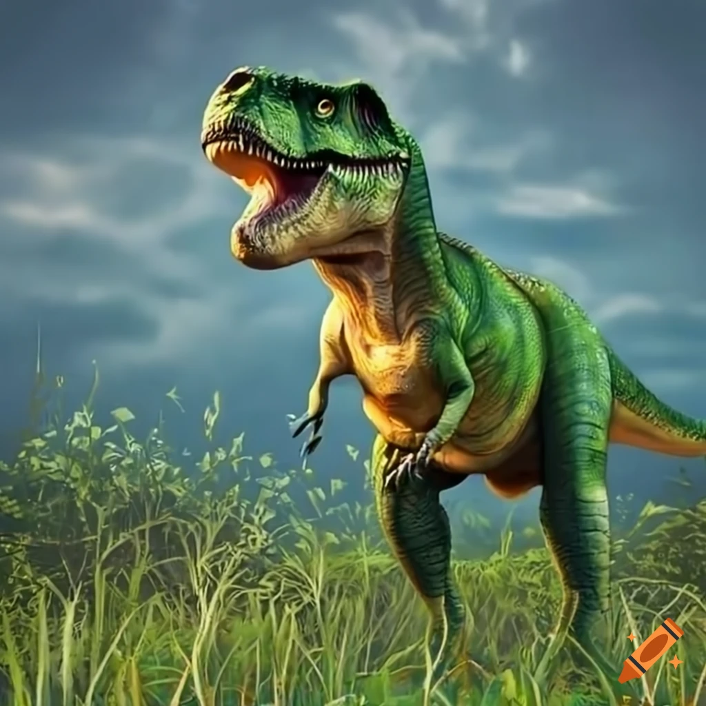 Gigantic green t-rex in lush vegetation