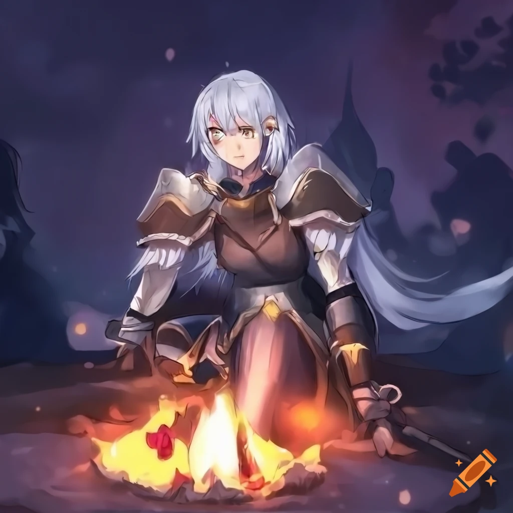 Anime-style knight and guard captain sitting by campfire on Craiyon