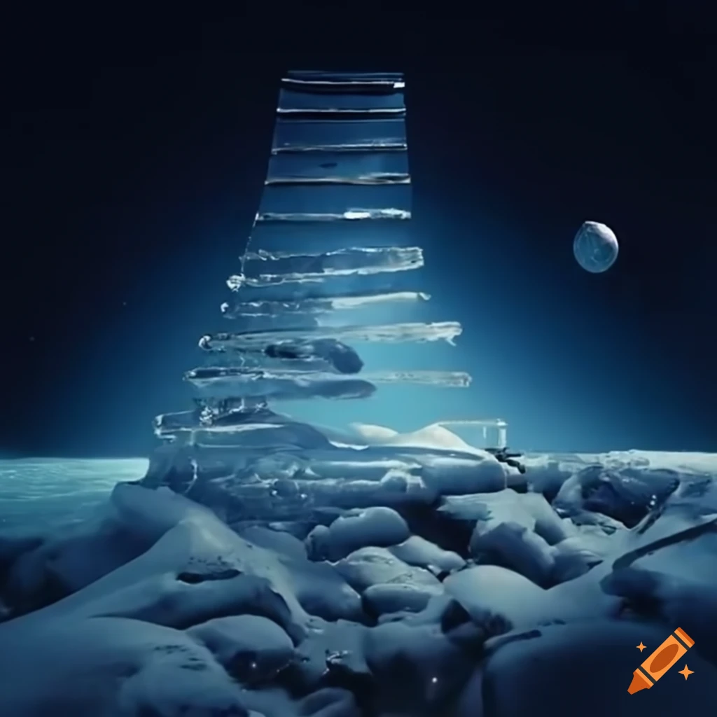 Ladder reaching from ice landscape to space on Craiyon