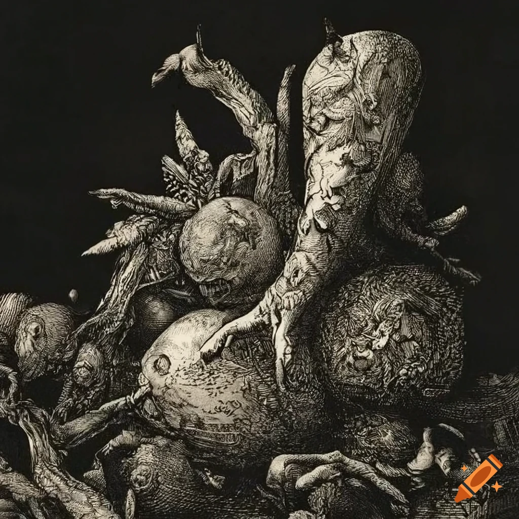 Surreal etching engraving of a magical forest landscape with drapery ...