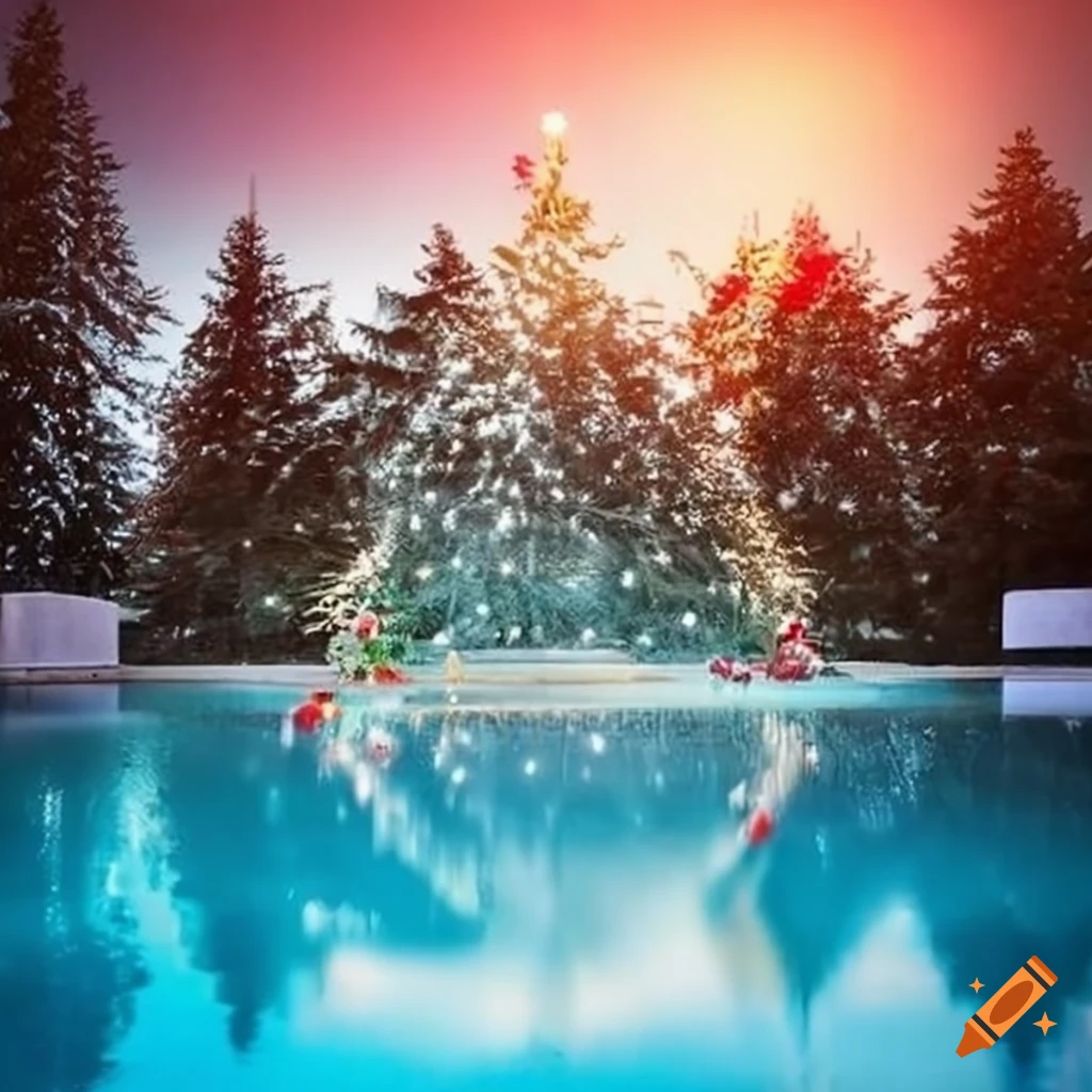 Outdoor lap pool with festive christmas decorations