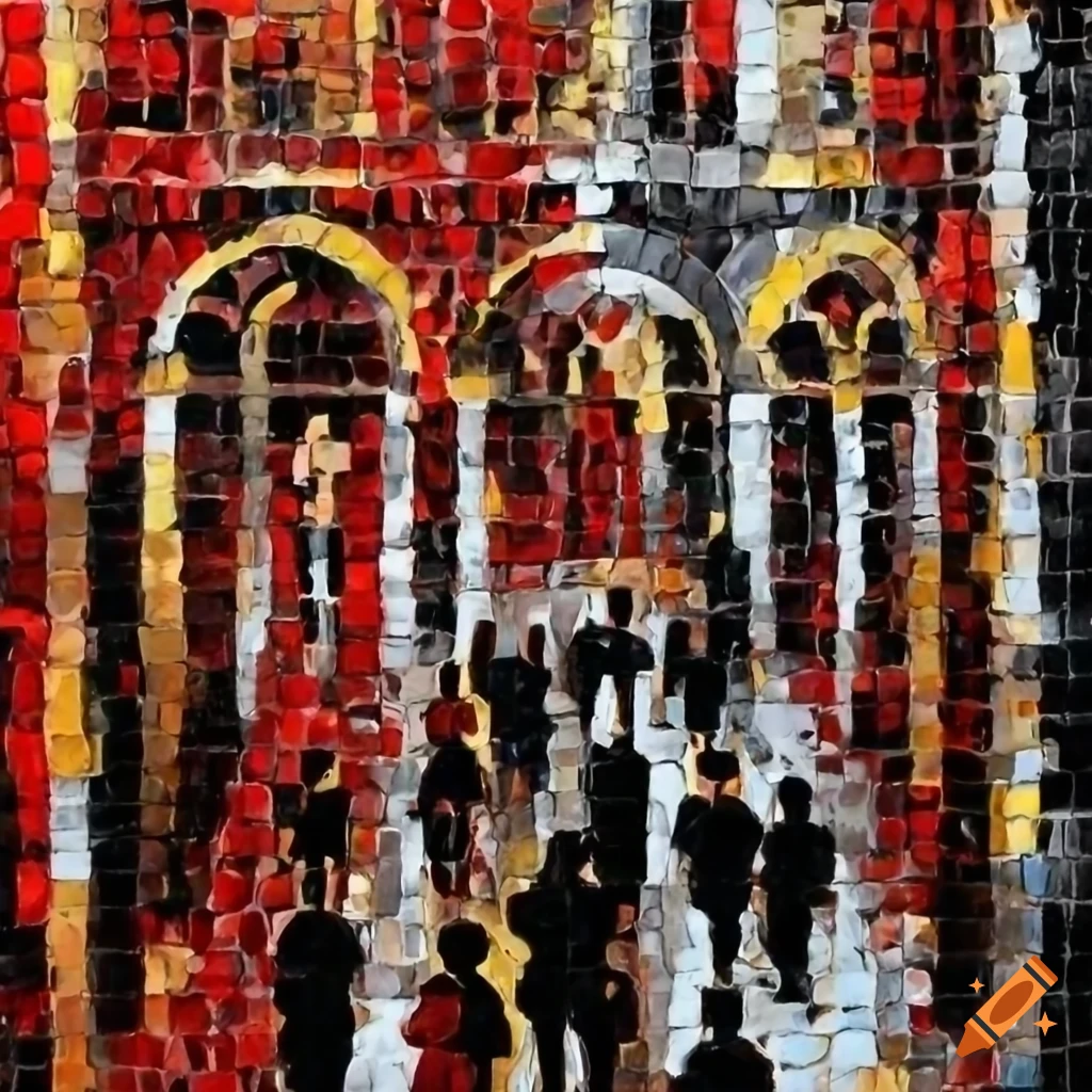 Mosaic painting of a crowd in a maze