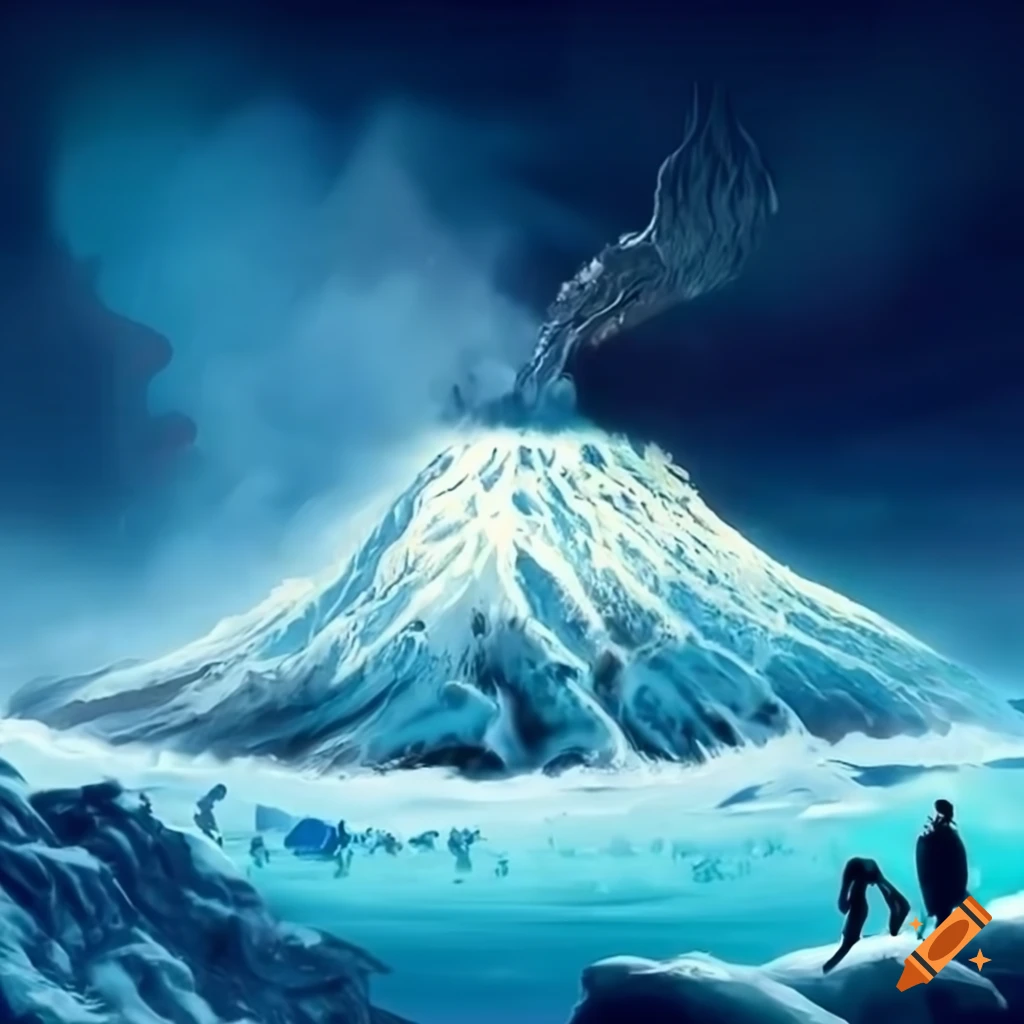Snow-covered fantasy volcano landscape