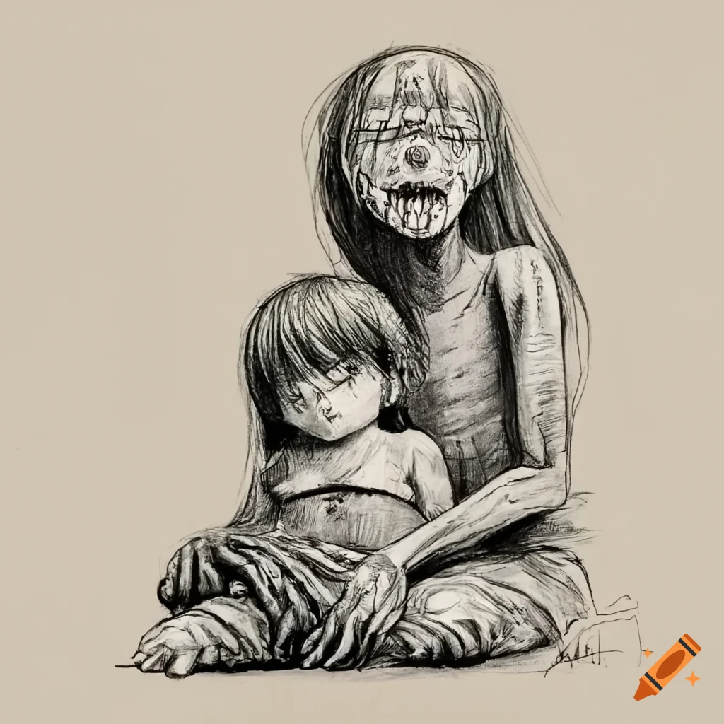 Creepy pencil drawing of giant statues staring at a child on Craiyon