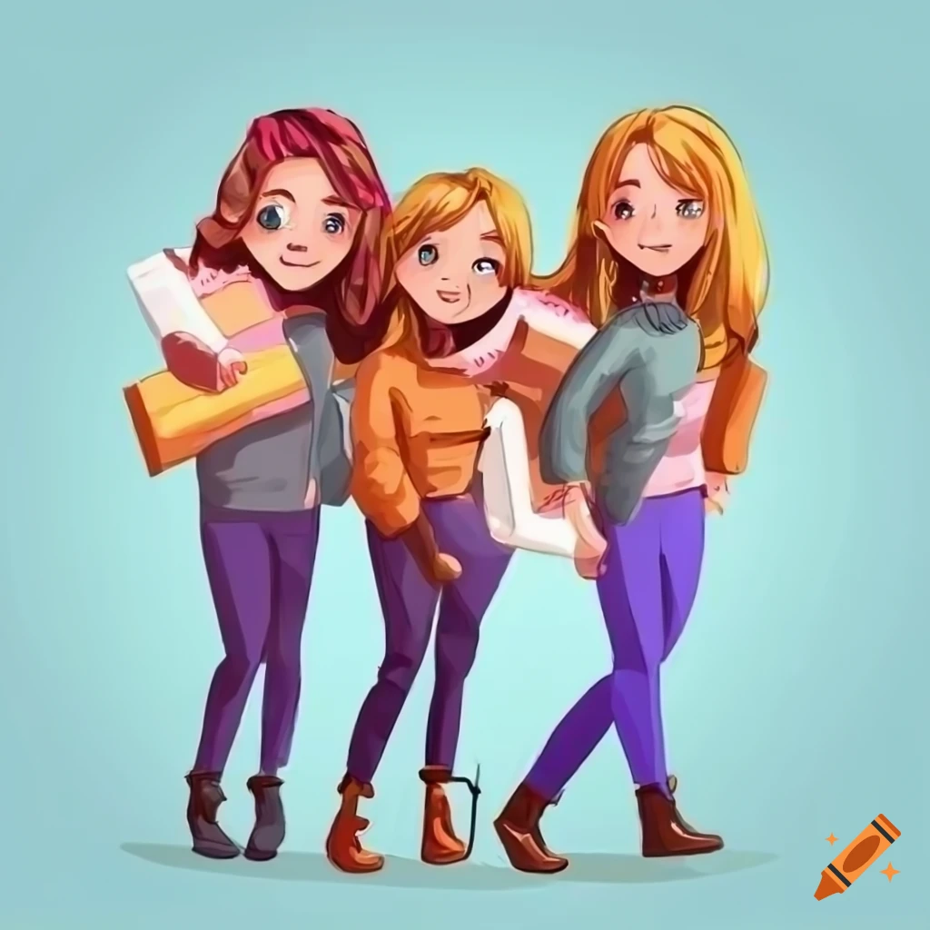 Cartoon Girls Having Fun In A Cozy Bookstore