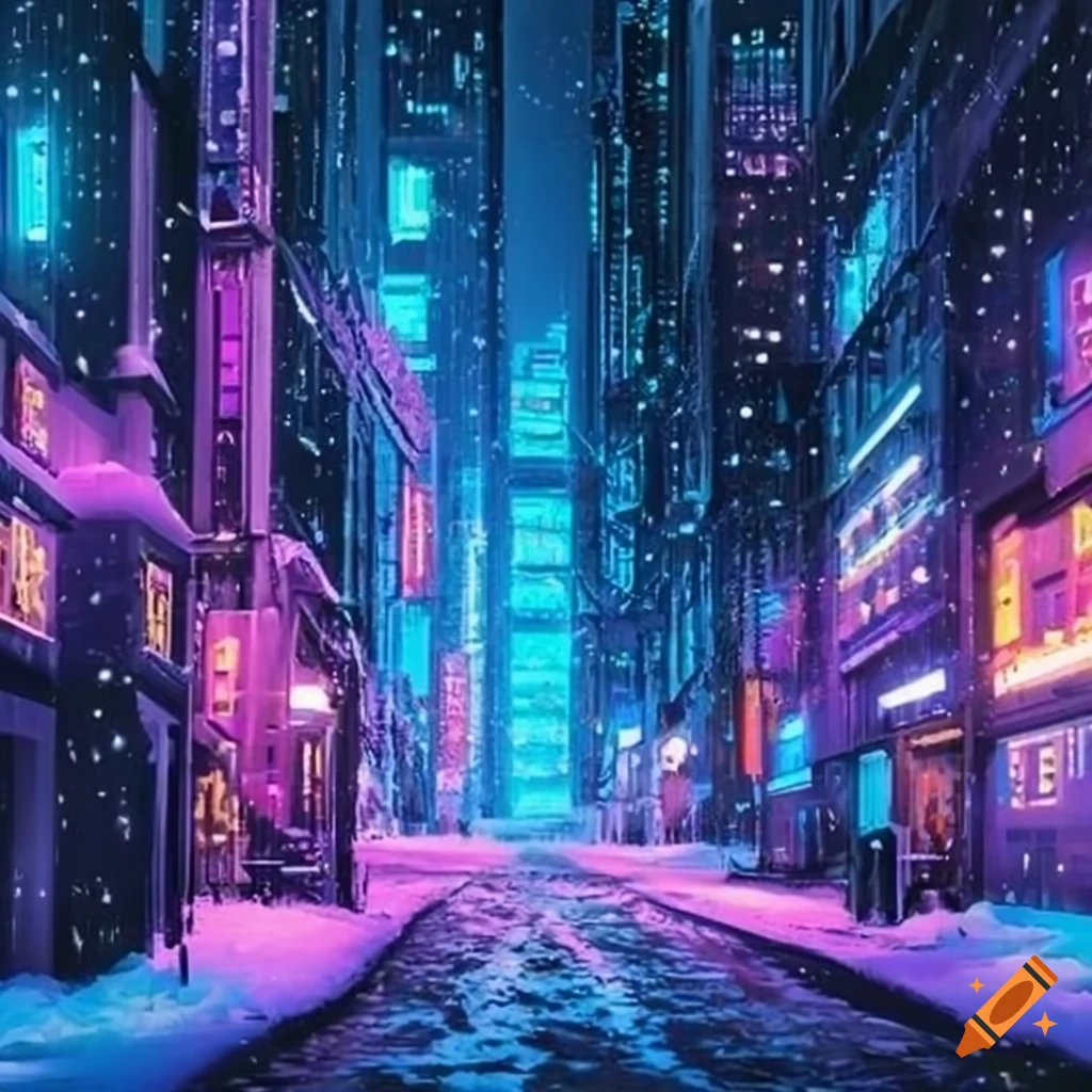 Cityscape with neon lights during snowfall on Craiyon