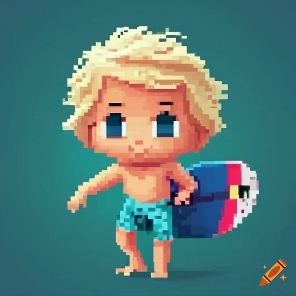 Pixel art of a blonde surfer boy