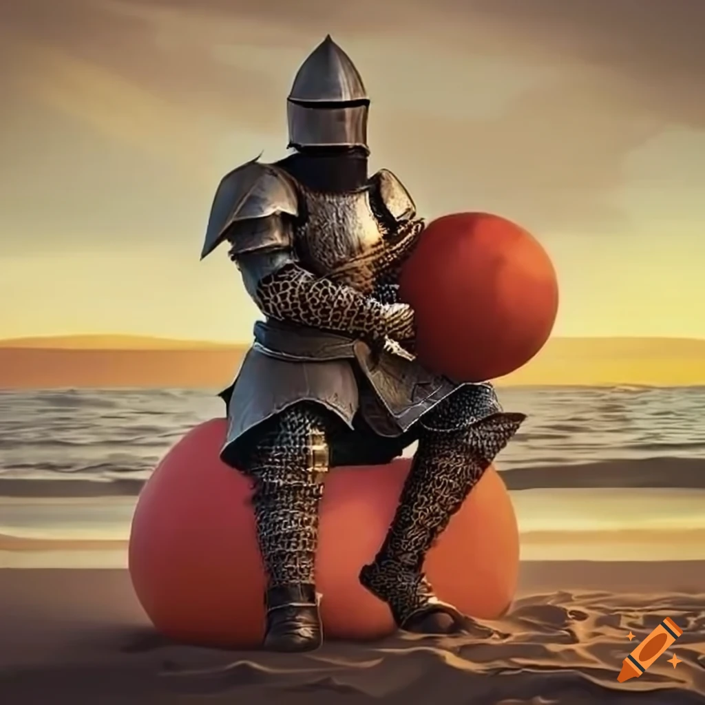 Knight in armor sitting on a beachball