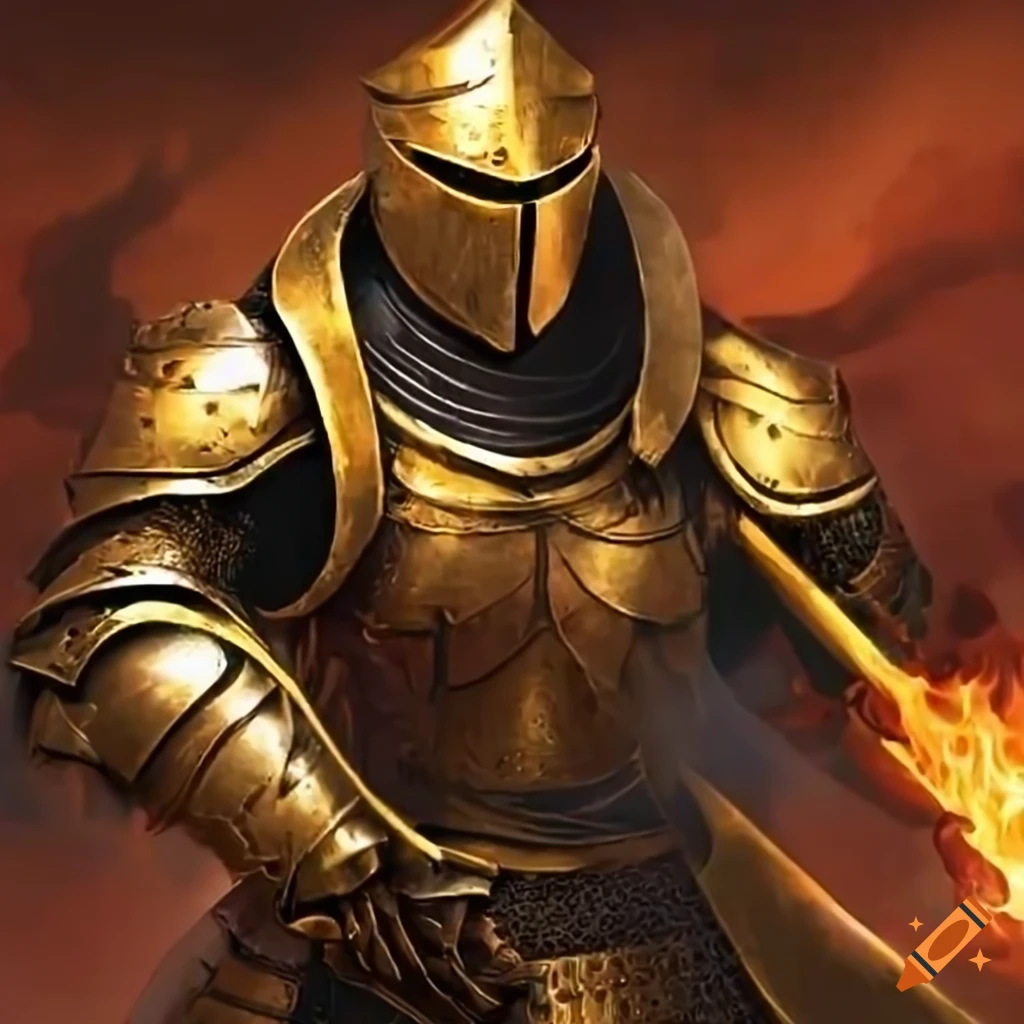 Image of a golden knight with fire in hand