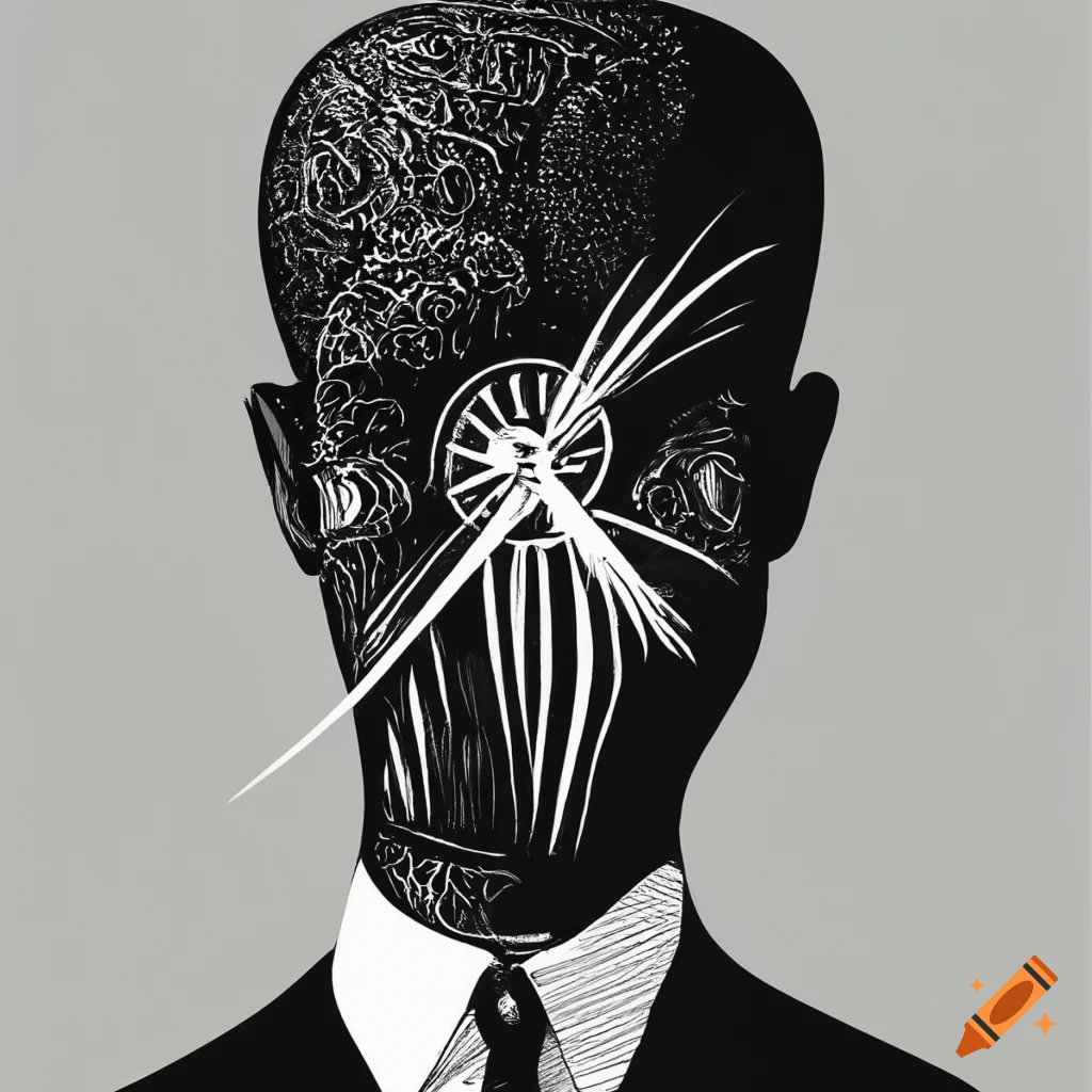 Surrealist line drawing of a man with compass for face on Craiyon