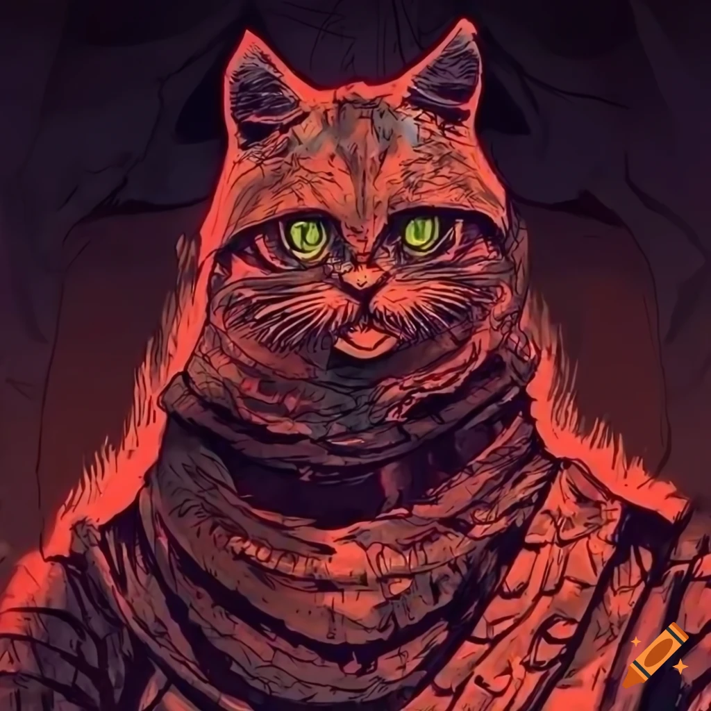 Illustration of a giant armored tabby cat in a battle on Craiyon