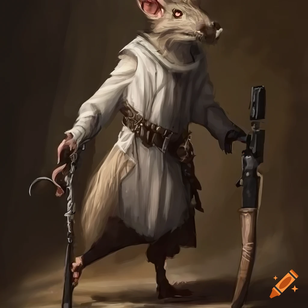 Art of a humanoid rat character with a cape and weapons on Craiyon