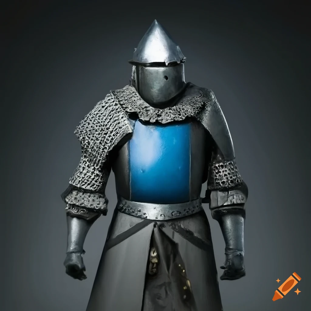 Image of a medieval foot soldier in kettle helm with blue shield on Craiyon