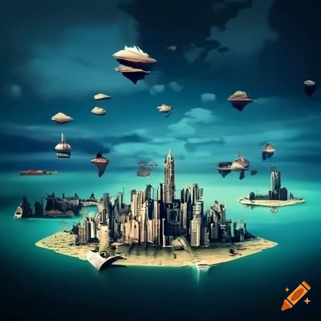 Concept art of a destroyed city with a floating city
