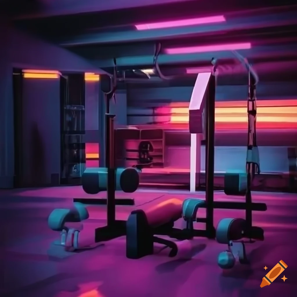 Retro gym with colorful synthwave accents on Craiyon