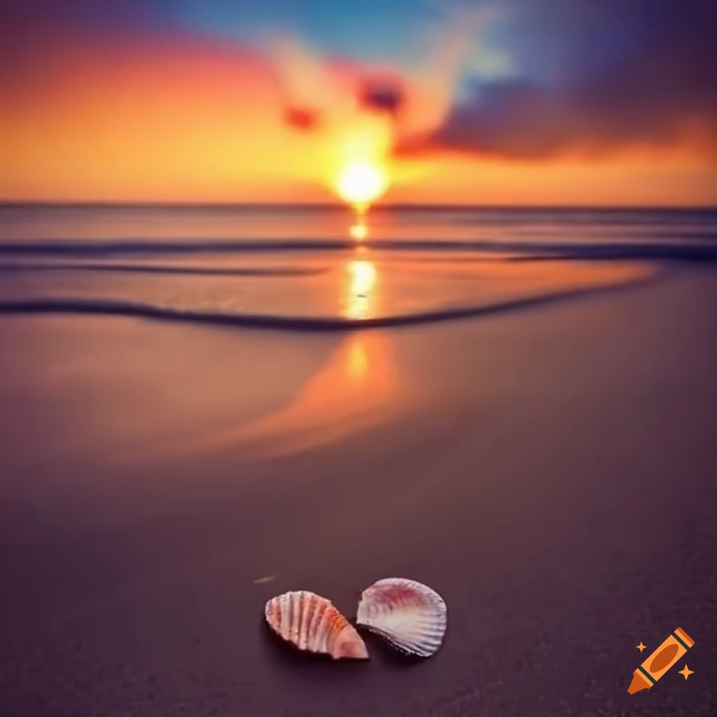 Beautiful beach sunrise with shells in the sand