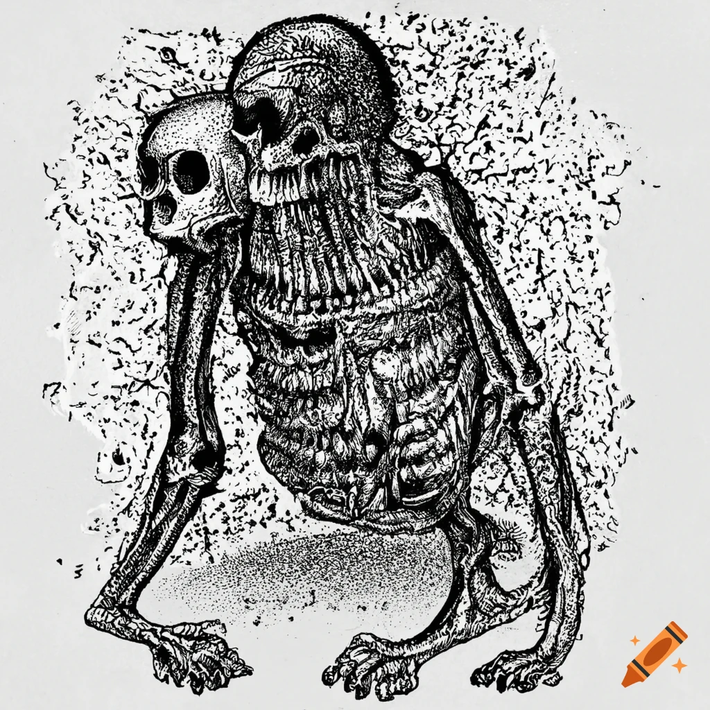 Macabre ink drawing of a skeletal creature