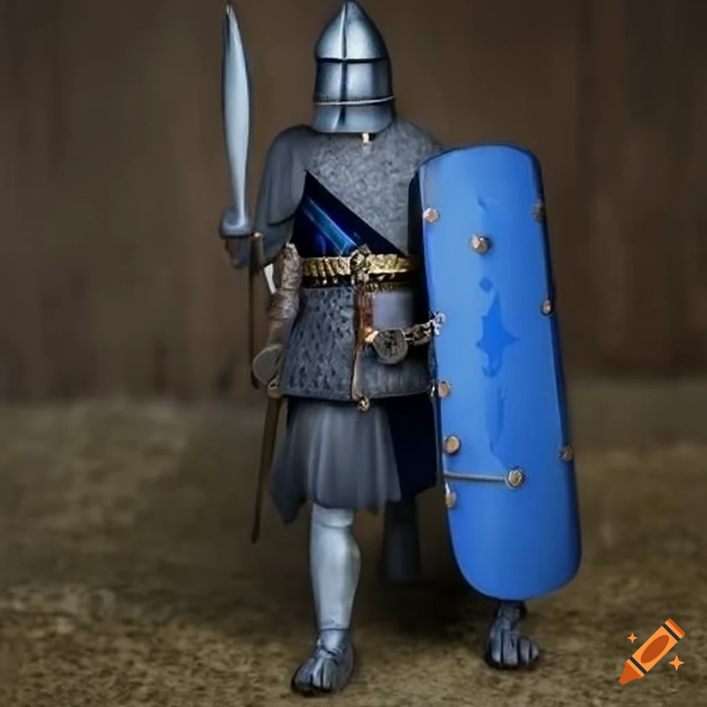 Medieval soldier in blue and gray armor on Craiyon