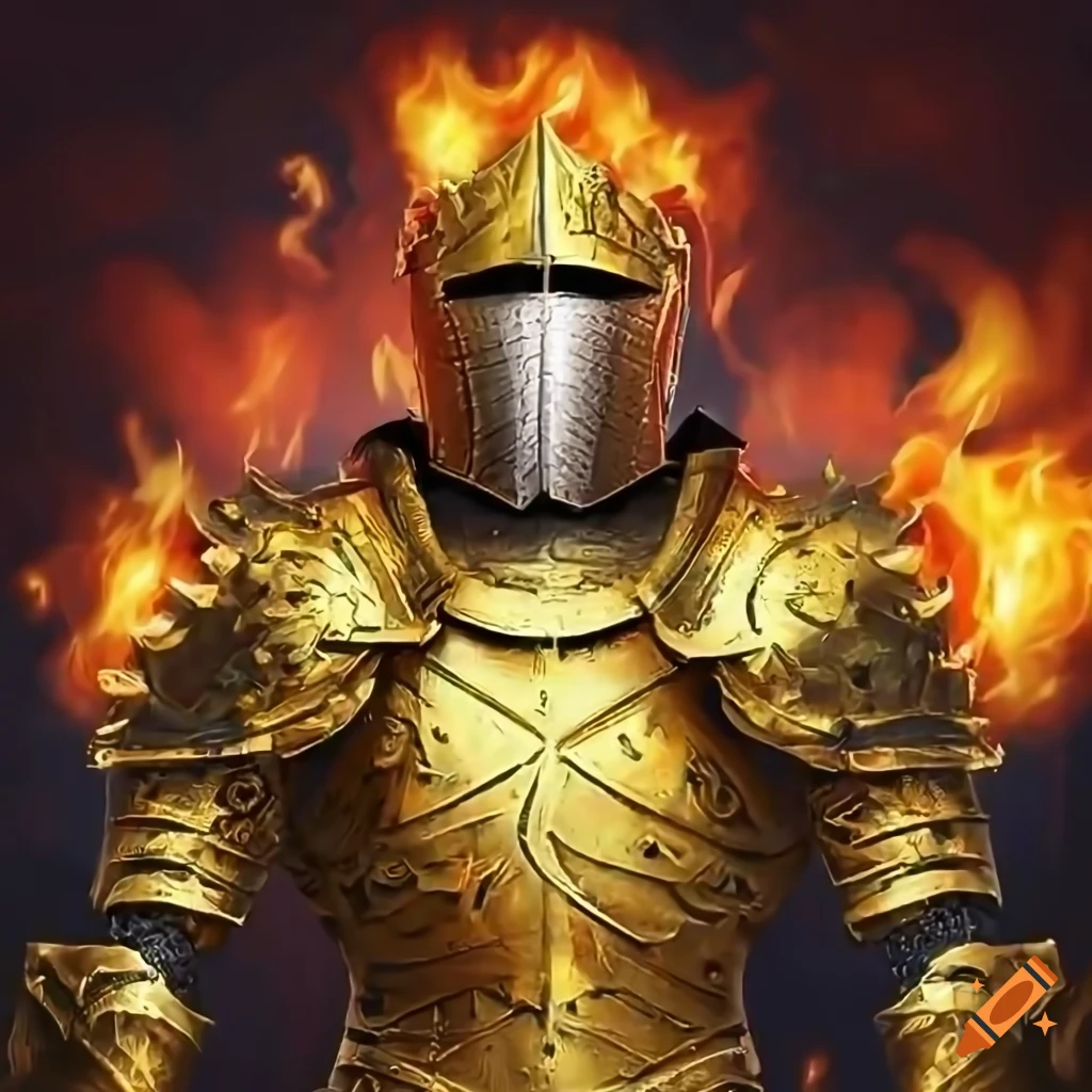 Photorealistic image of a golden armored knight with a flaming axe