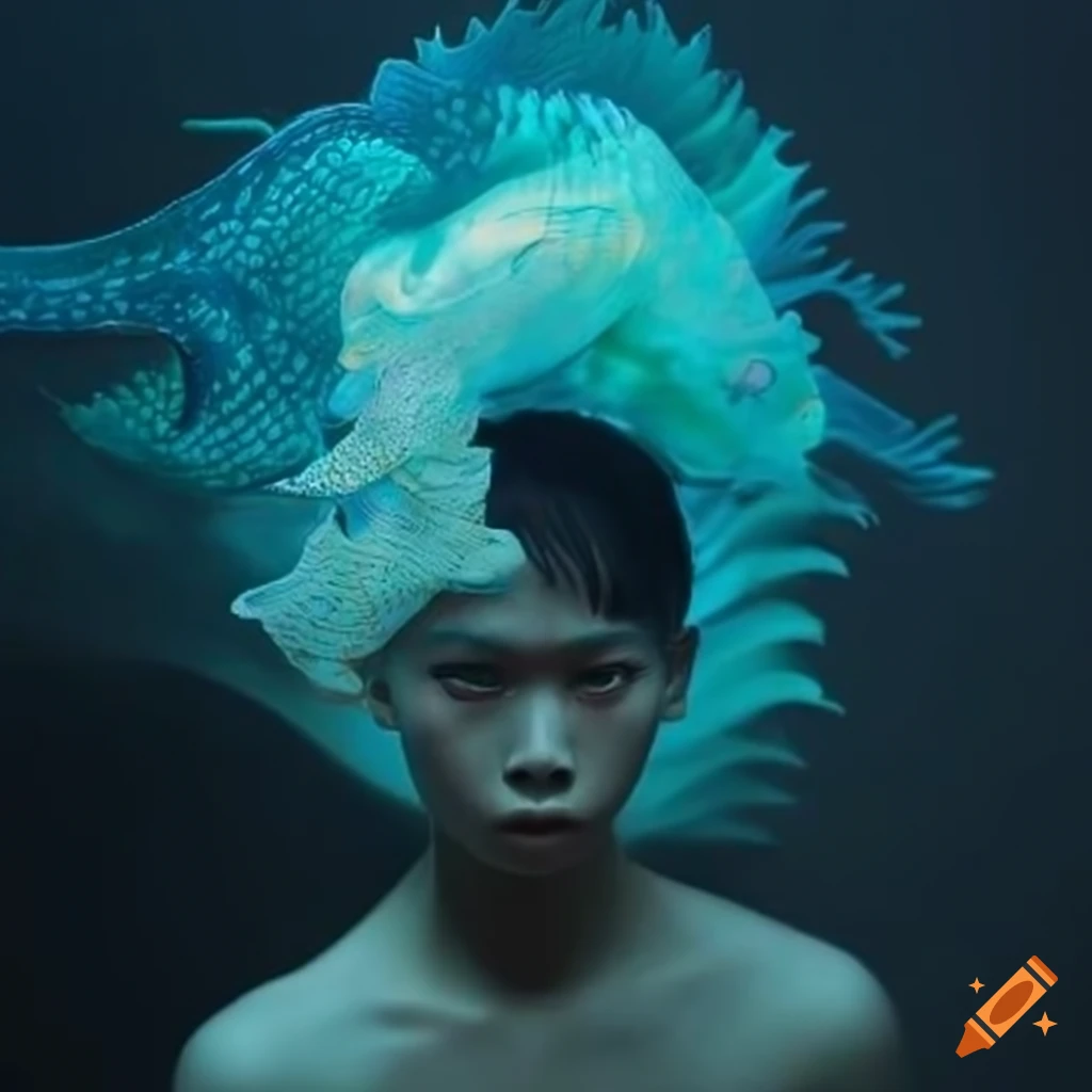 Fusion artwork of an asian boy and a sea creature