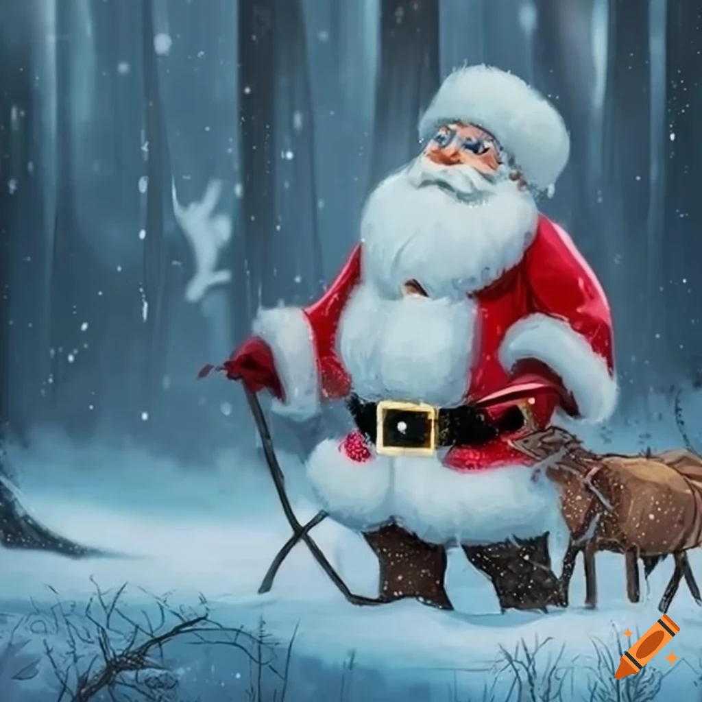 A snowman and santa claus with falling snow
